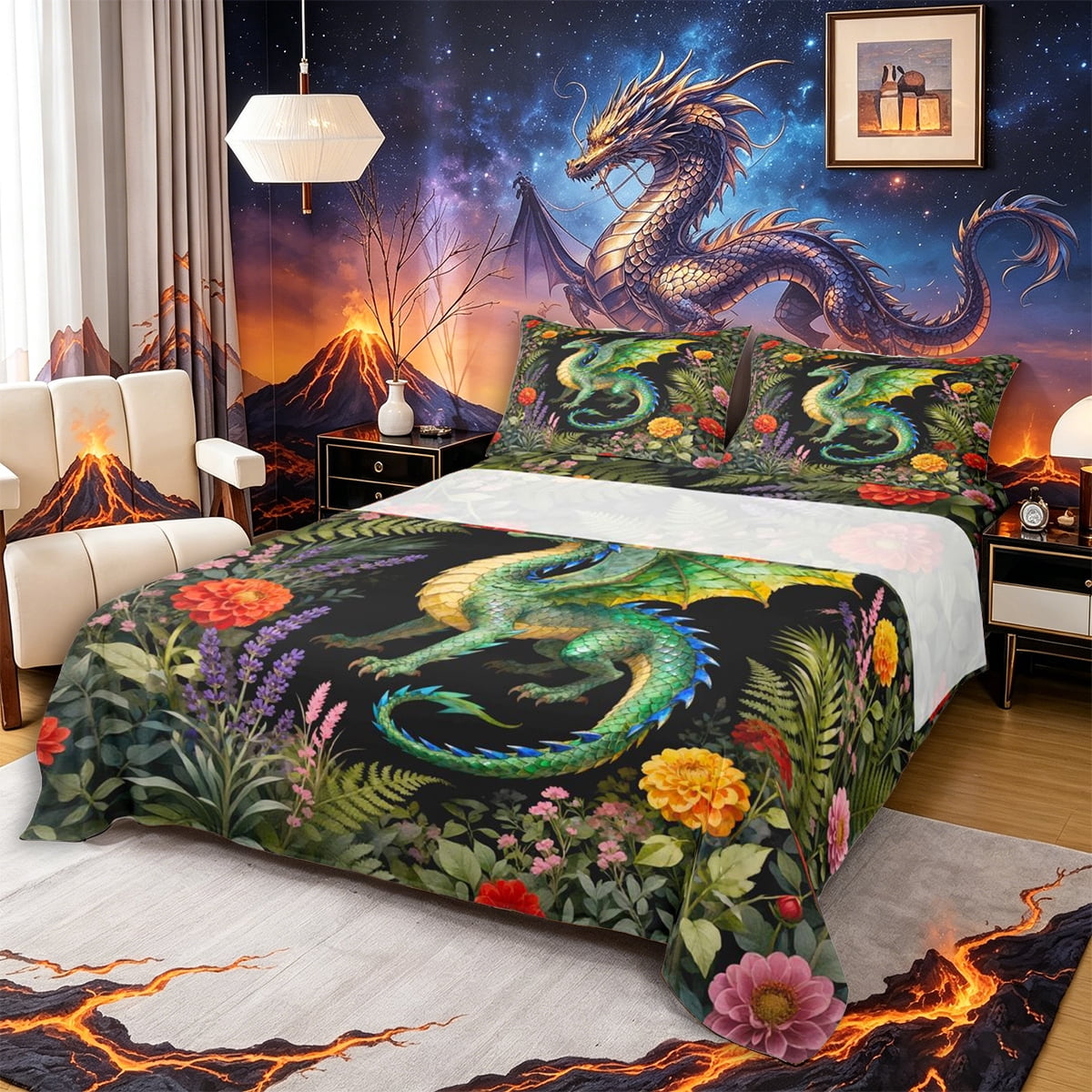 Aikeke Green Dragon King Sheets 4pcs, Chic Flowers Bedding, Green Red ...