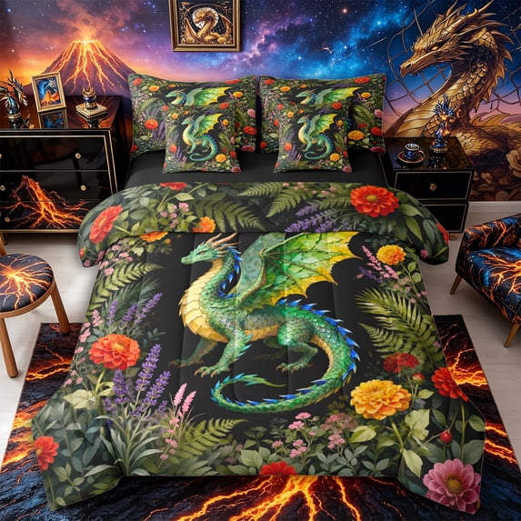 Aikeke Green Dragon Queen Bedding 7pcs, Chic Flowers Bedding Comforter ...
