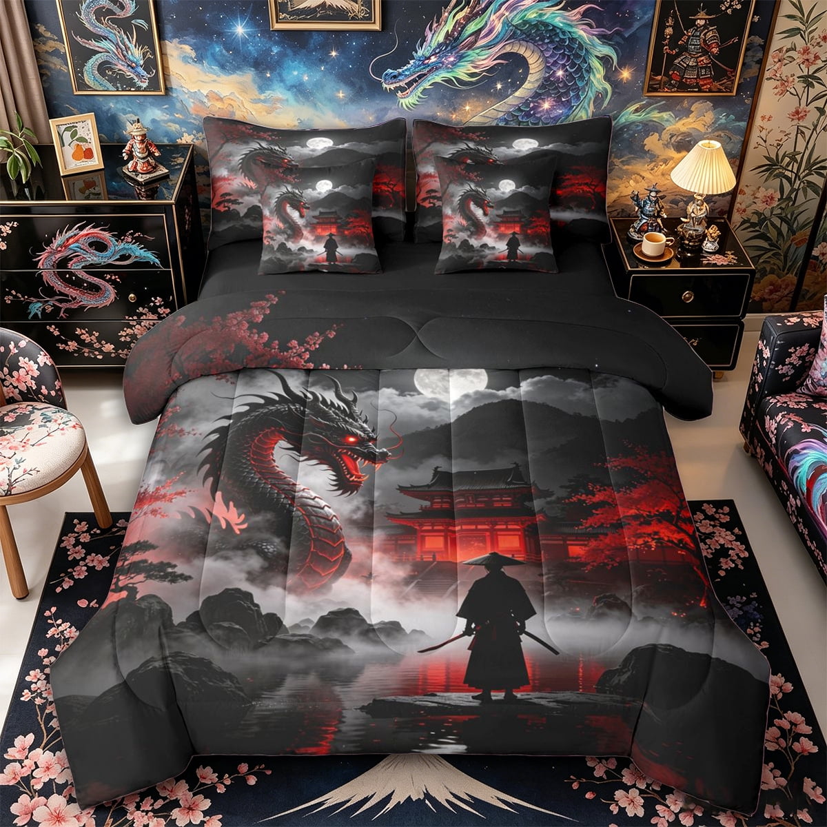 Aikeke Japanese Samurai Dragon Full Size Bedding Sets 7 Pieces, Moutain ...