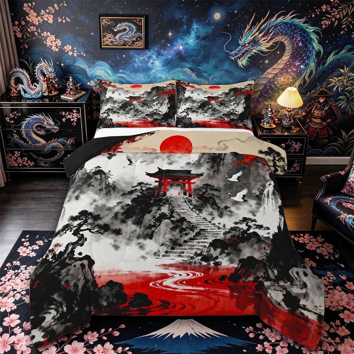 Aikeke Japanese Scenery Queen Comforter Set 3 Pieces, Animal Crane ...