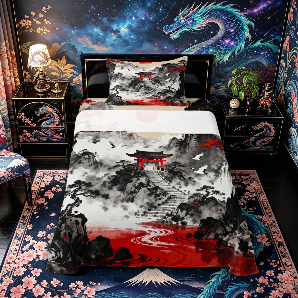 Aikeke Japanese Scenery Twin Sheets 3pcs for Boys, Animal Crane Bedding ...