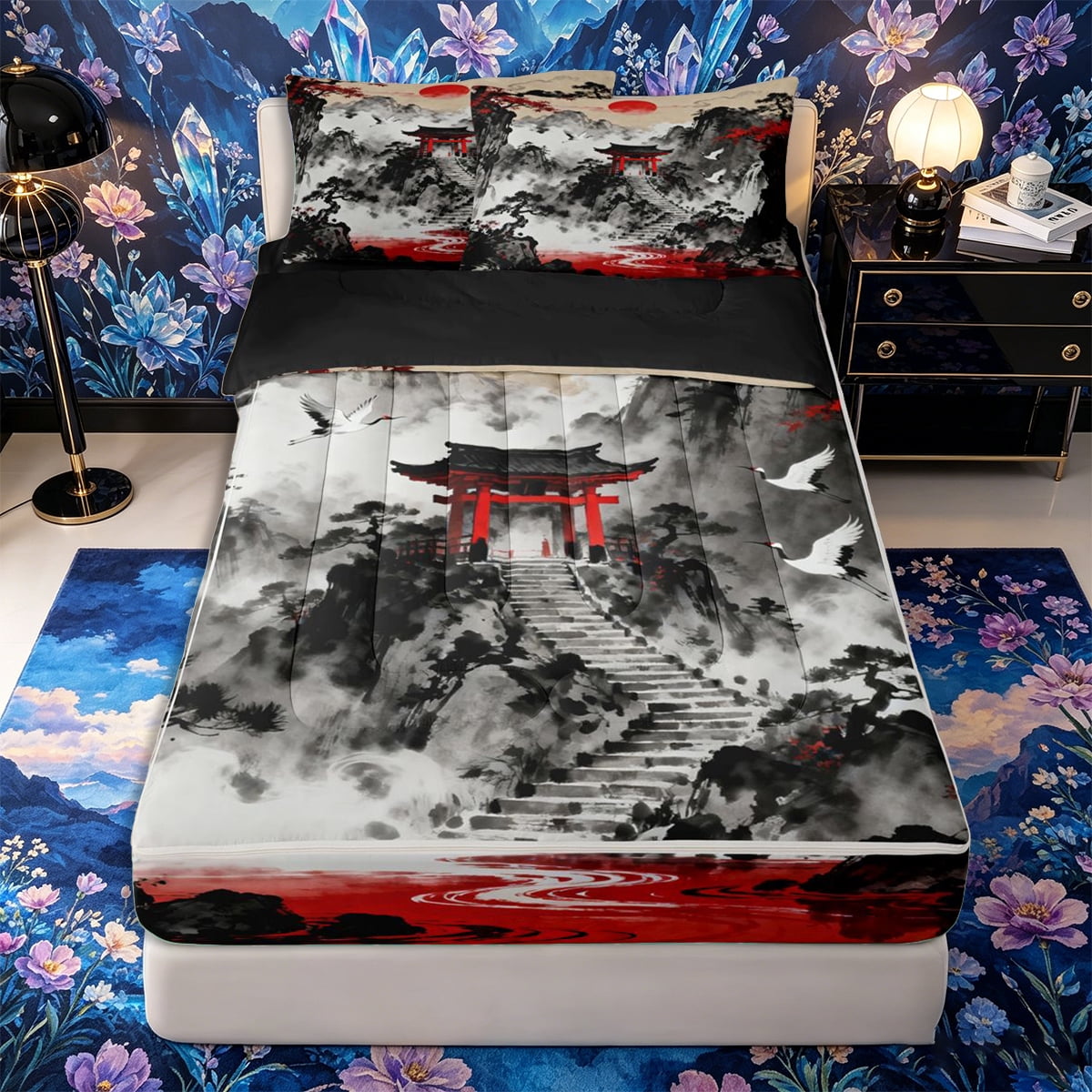 Metsweet Japanese Scenery Zipper Full Size Comforter Sets with Fitted ...