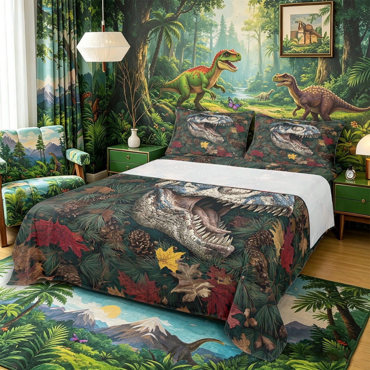 Aikeke Jungle Animal T-Rex Bed Sheets 4-Piece, Maple Leaves Dino Full ...