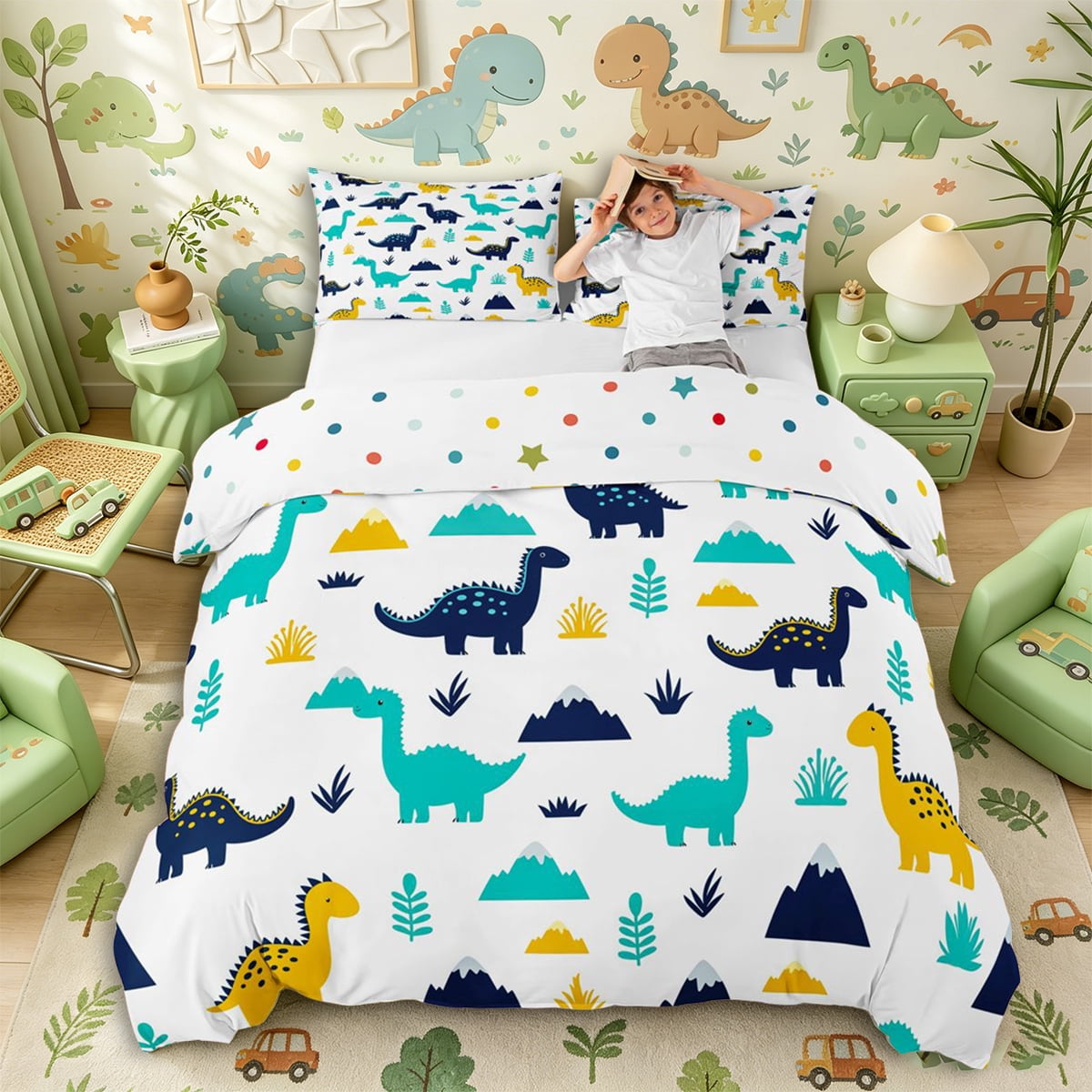Aikeke Jungle Dinosaur Bedding, Kawaii Animal Dino Duvet Cover Full ...