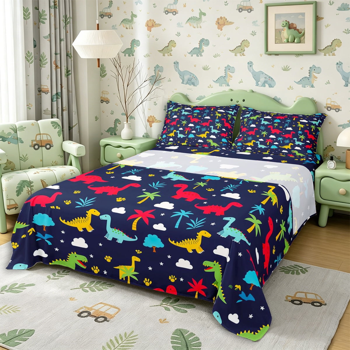 Aikeke Jungle Dinosaurs Bed Sheets 4-Piece, Cute Animal Full Size ...