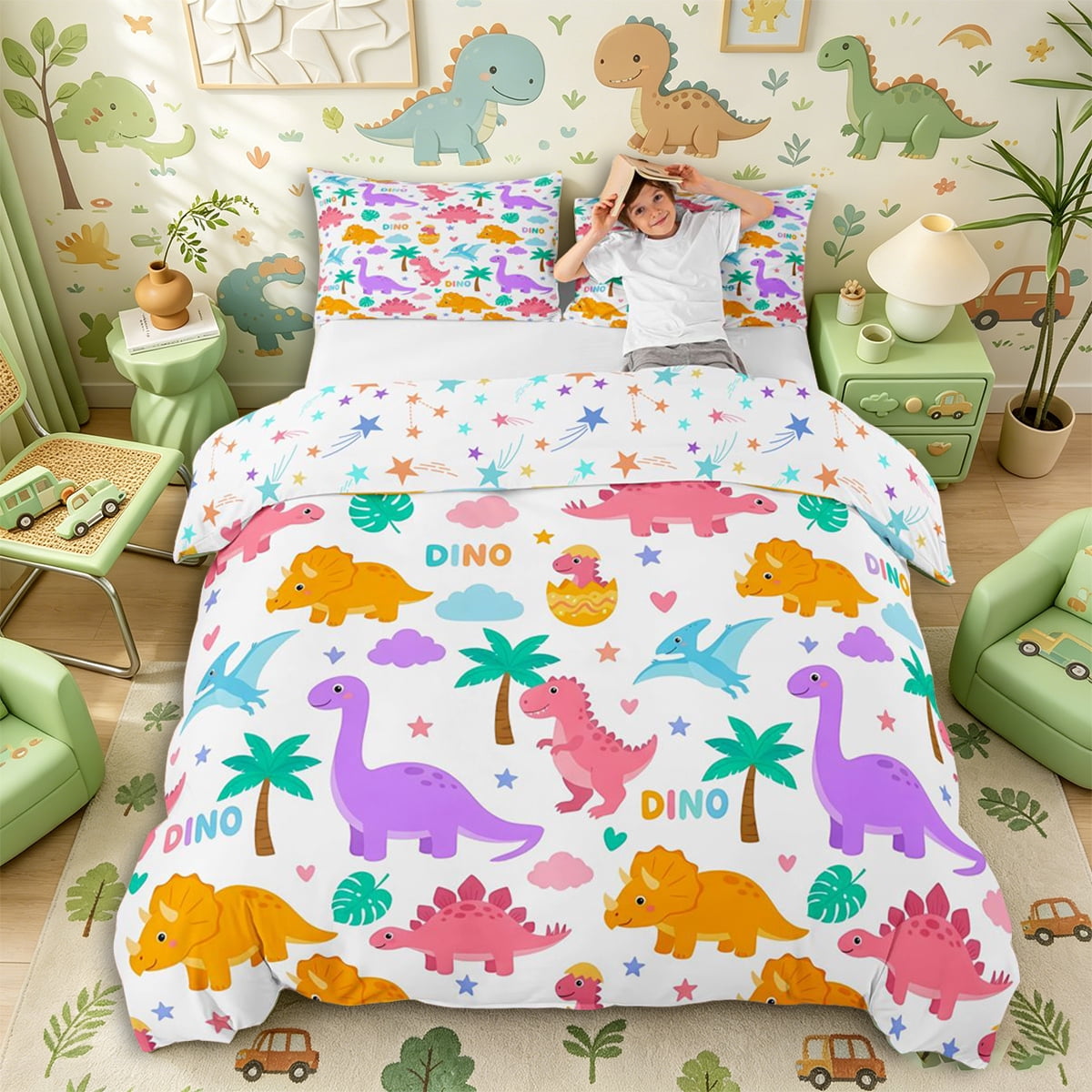 Aikeke Kawaii Animal Dino Bedding, Green Palm Tree Duvet Cover Full ...