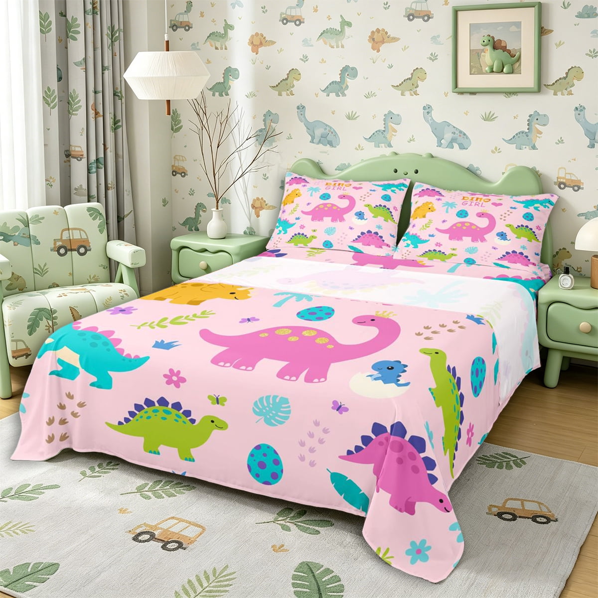 Aikeke Kawaii Dino Bed Sheets 4-Piece, Tropical Leaves Full Size Sheets ...