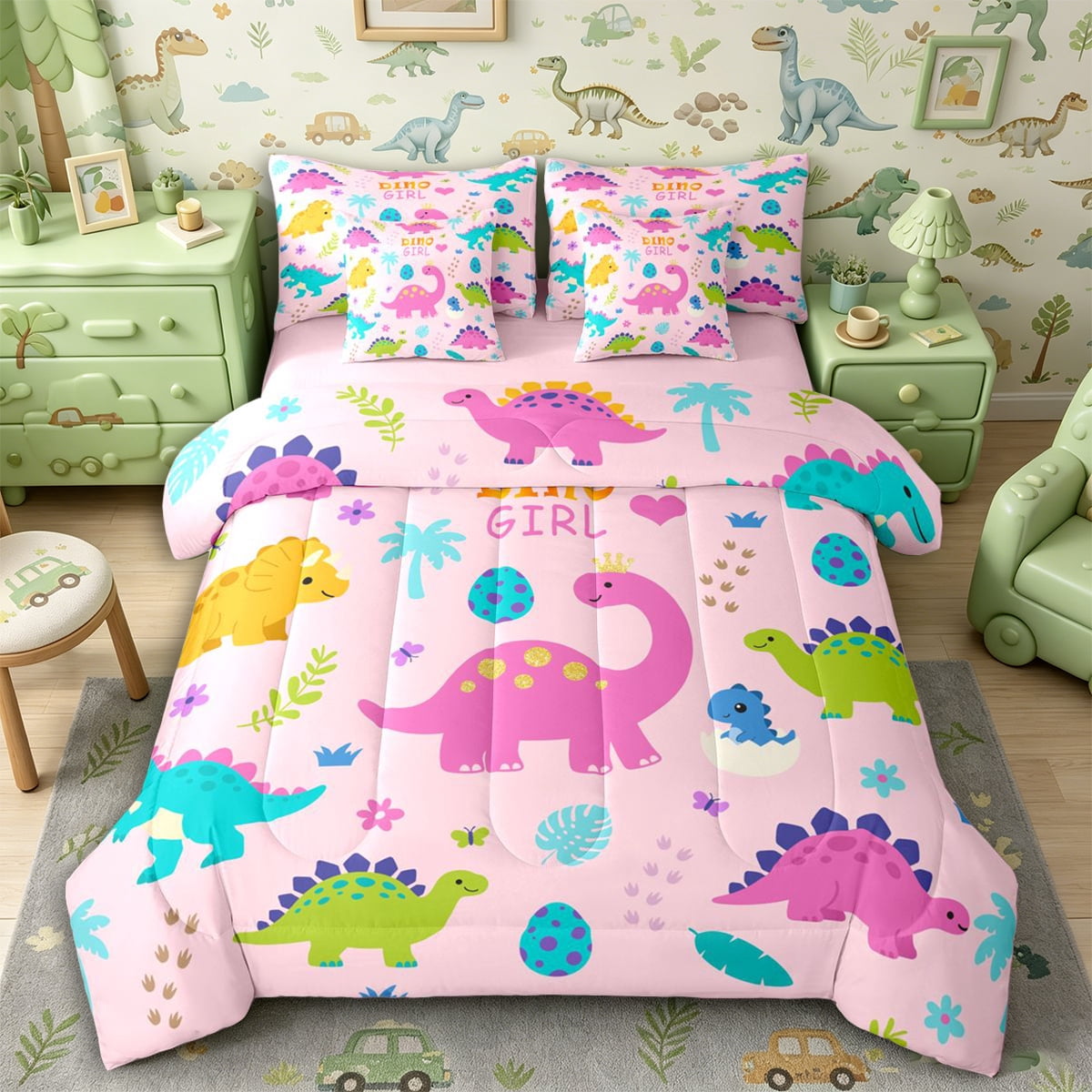 Aikeke Kawaii Dino King Bedding 7pcs, Tropical Leaves King Bed in a Bag ...