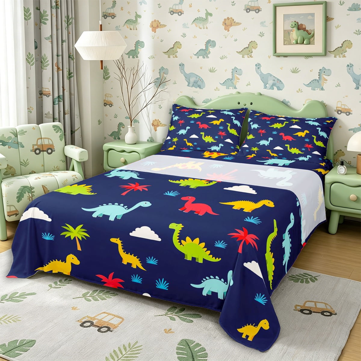 Aikeke Kawaii Dinosaurs Bed Sheets 4-Piece, Palm Tree Full Size Sheets ...