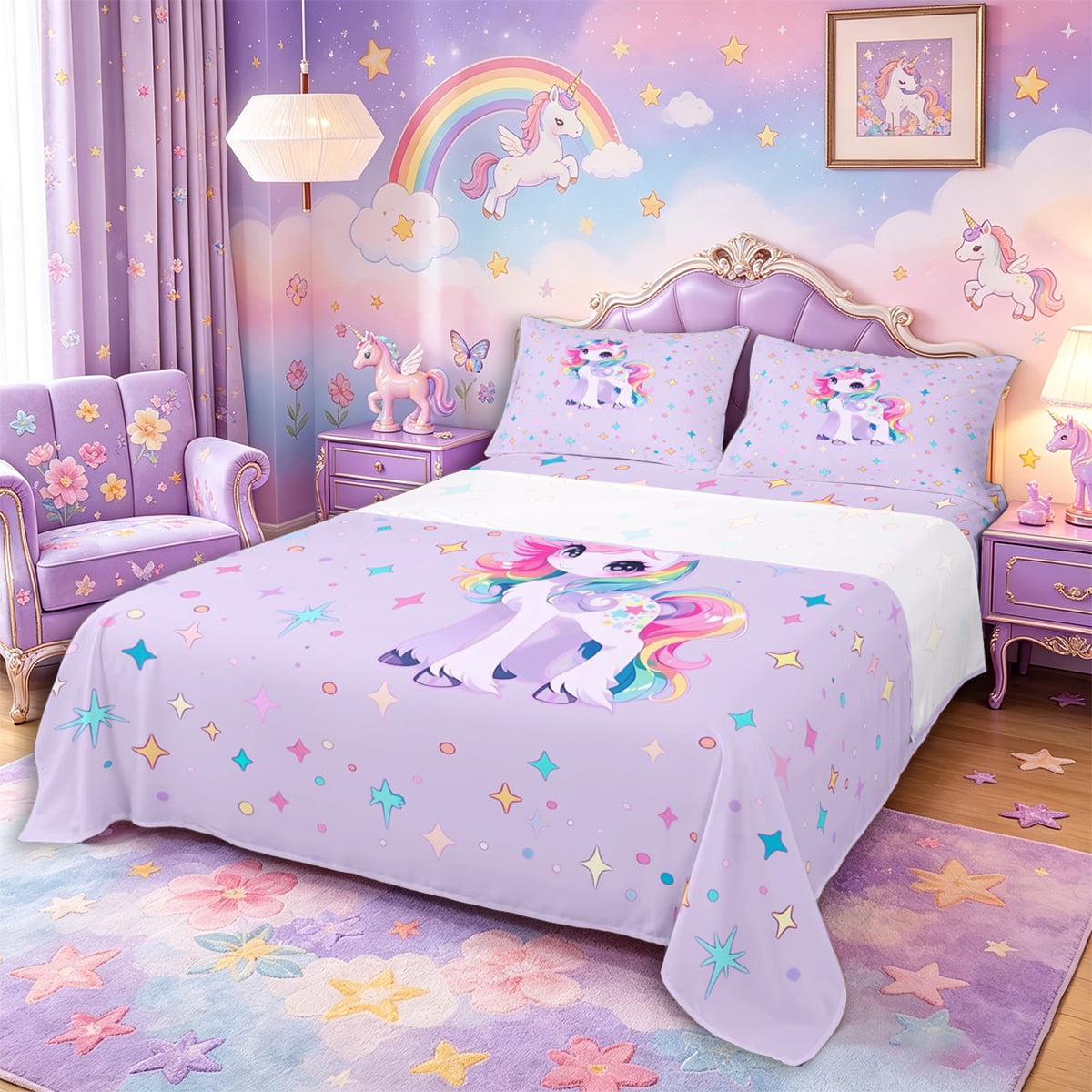 Aikeke Kawaii Unicorn Bed Sheets 4-Piece, Colorful Stars Print Full ...