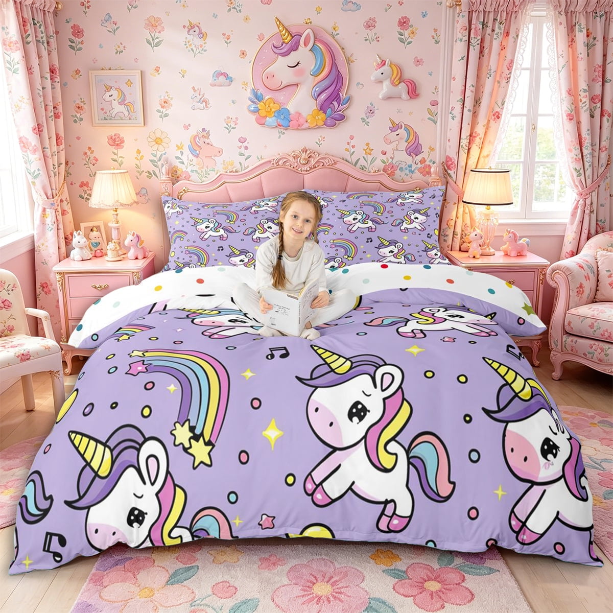 Aikeke Kawaii Unicorn Bedding, Magic Horse Rainbow Duvet Cover Full ...