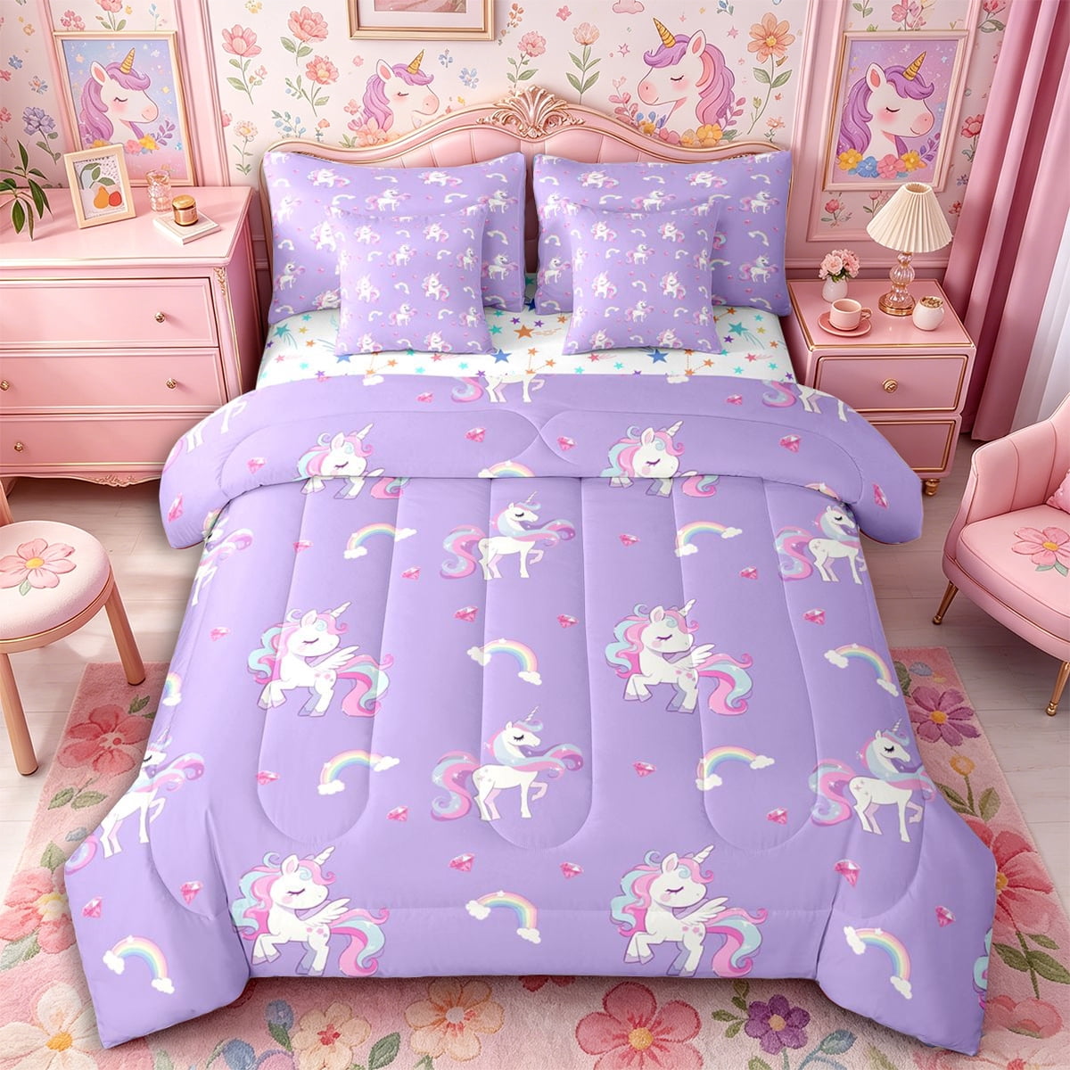Aikeke Kawaii Unicorn Full Size Bedding Sets 7 Pieces, Princess Diamond ...