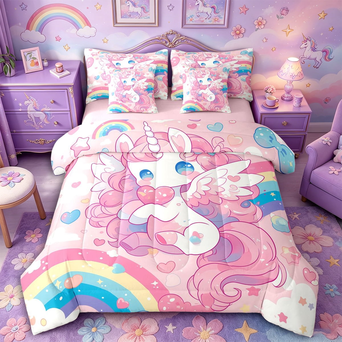 Aikeke Kawaii Unicorn Twin Bedding 7-Piece, Cartoon Love Heart Rainbow ...
