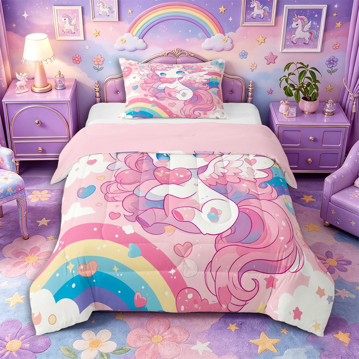 Aikeke Kawaii Unicorn Twin Comforter Sets 2pcs, Cartoon Love Heart ...