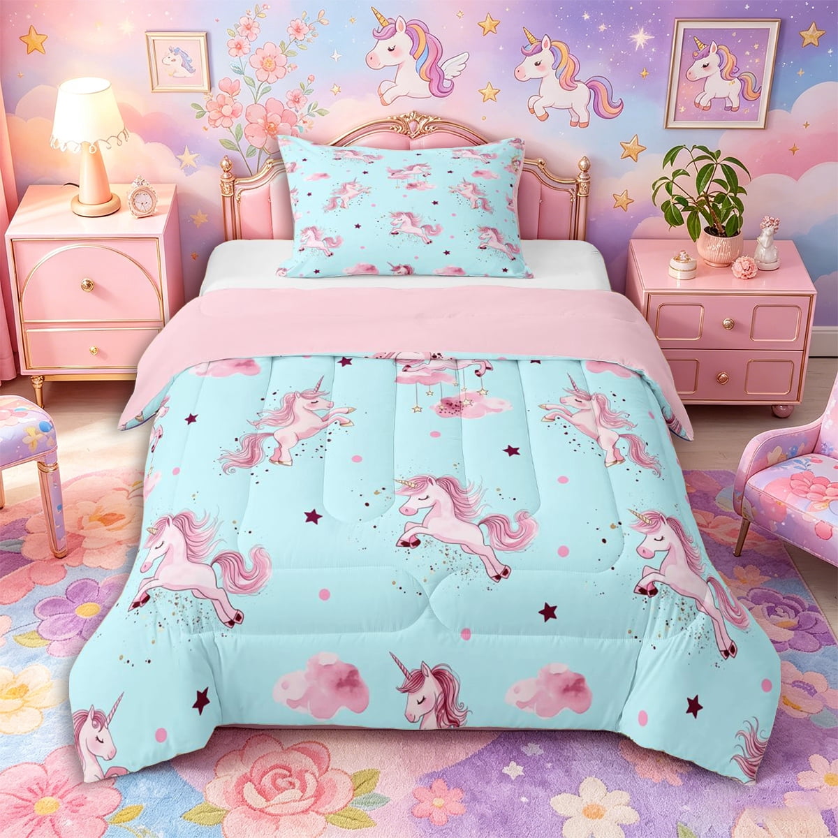 Aikeke Kawaii Unicorn Twin Comforter Sets 2pcs, Polka Dots Stars Print ...