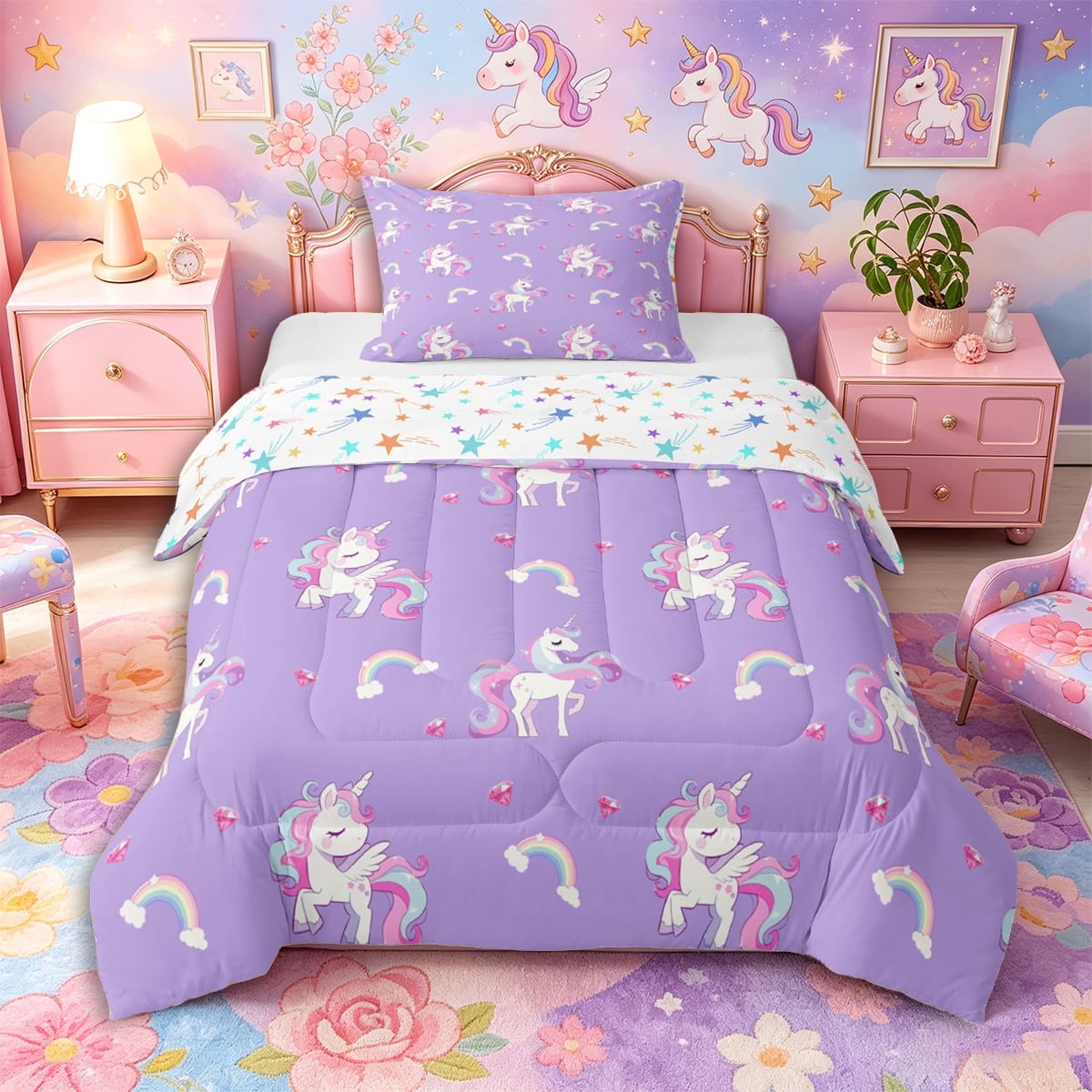 Aikeke Kawaii Unicorn Twin Comforter Sets 2pcs, Princess Diamond ...