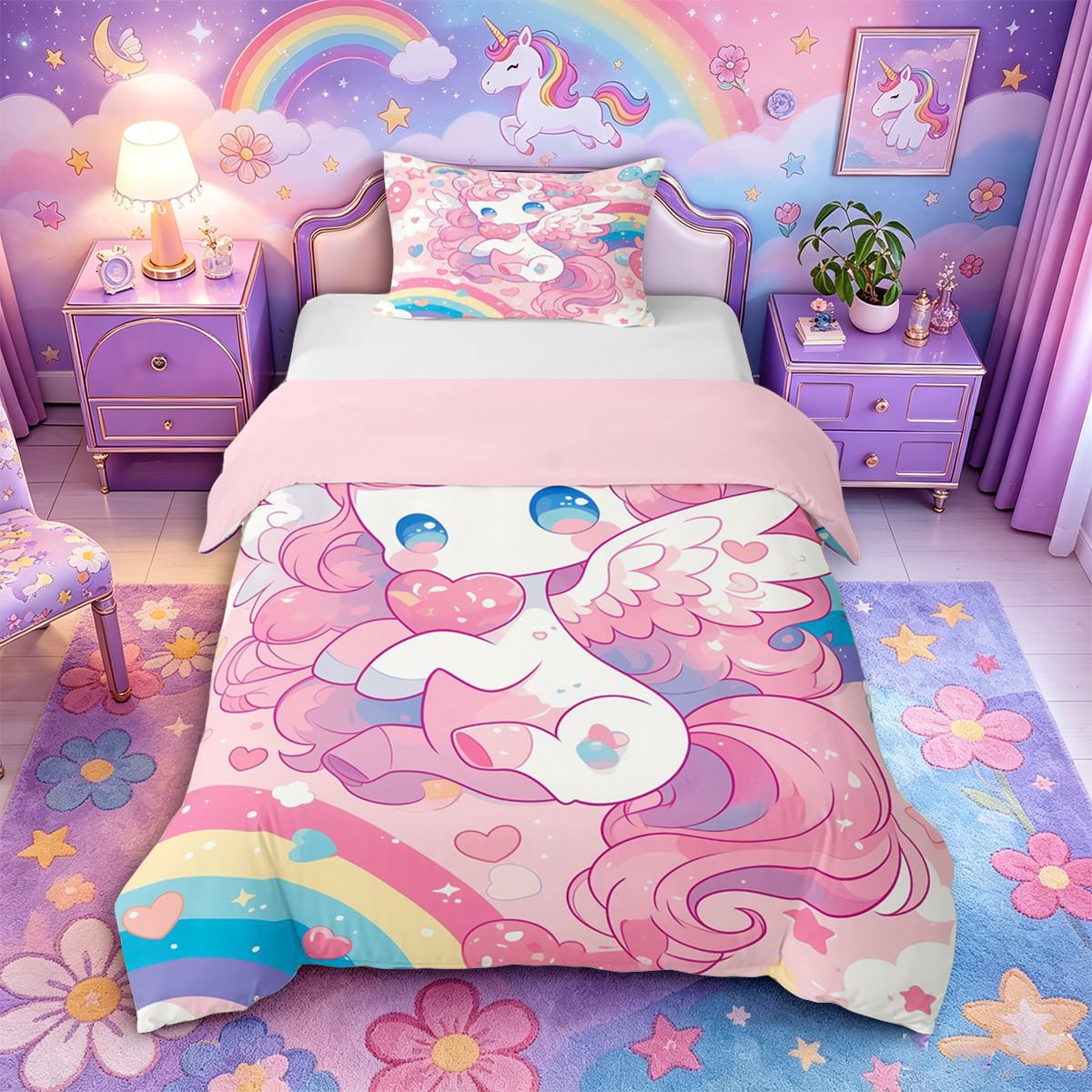 Aikeke Kawaii Unicorn Twin Duvet Cover, Cartoon Love Heart Rainbow Twin ...