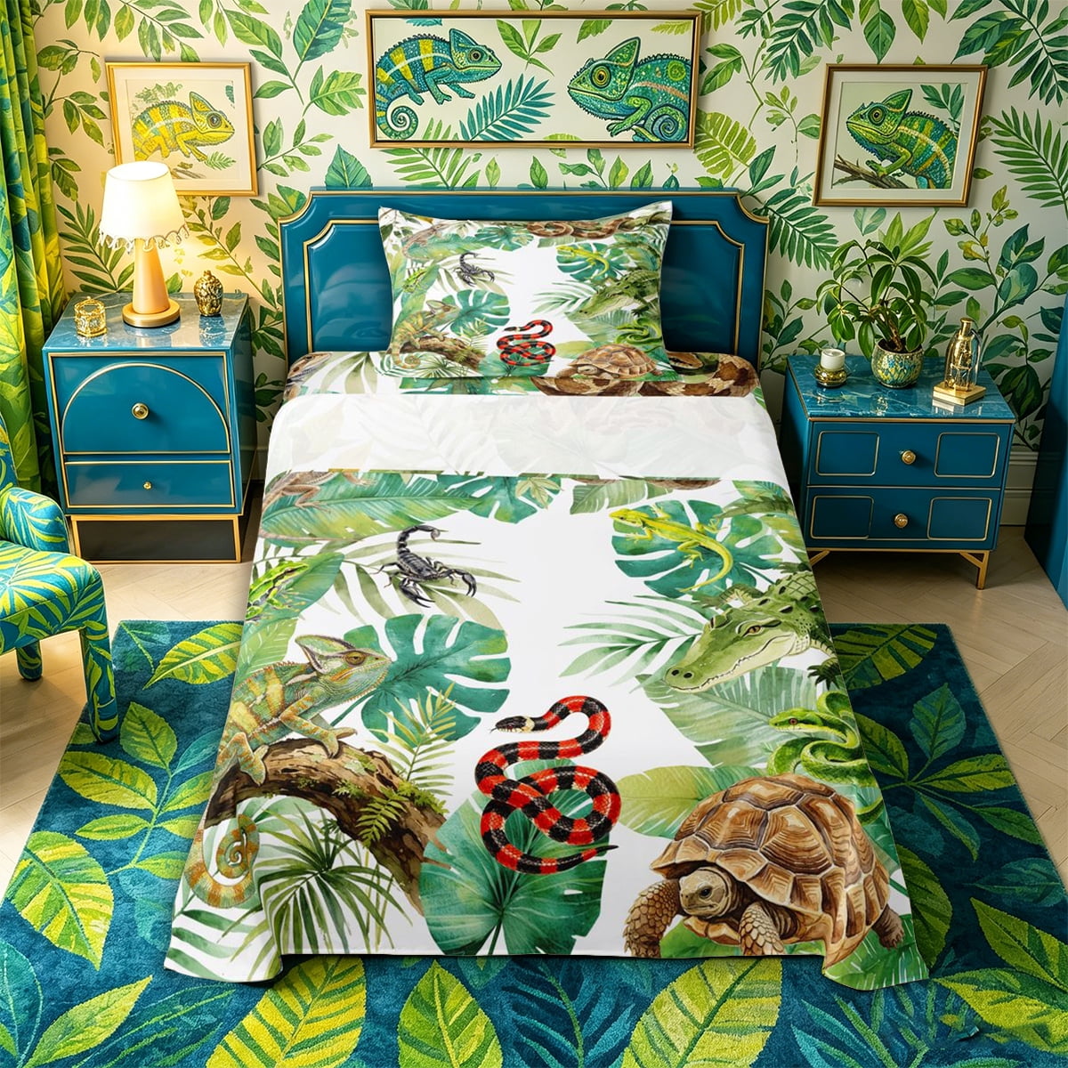 Aikeke Lizard Snake Turtle Twin Sheets 3pcs, Tropical Jungle Wildlife ...