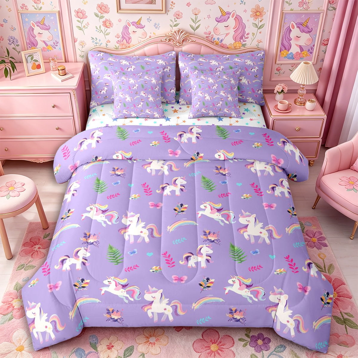 Aikeke Magic Horse Full Size Bedding Sets 7 Pieces, Cute Floral Rainbow ...