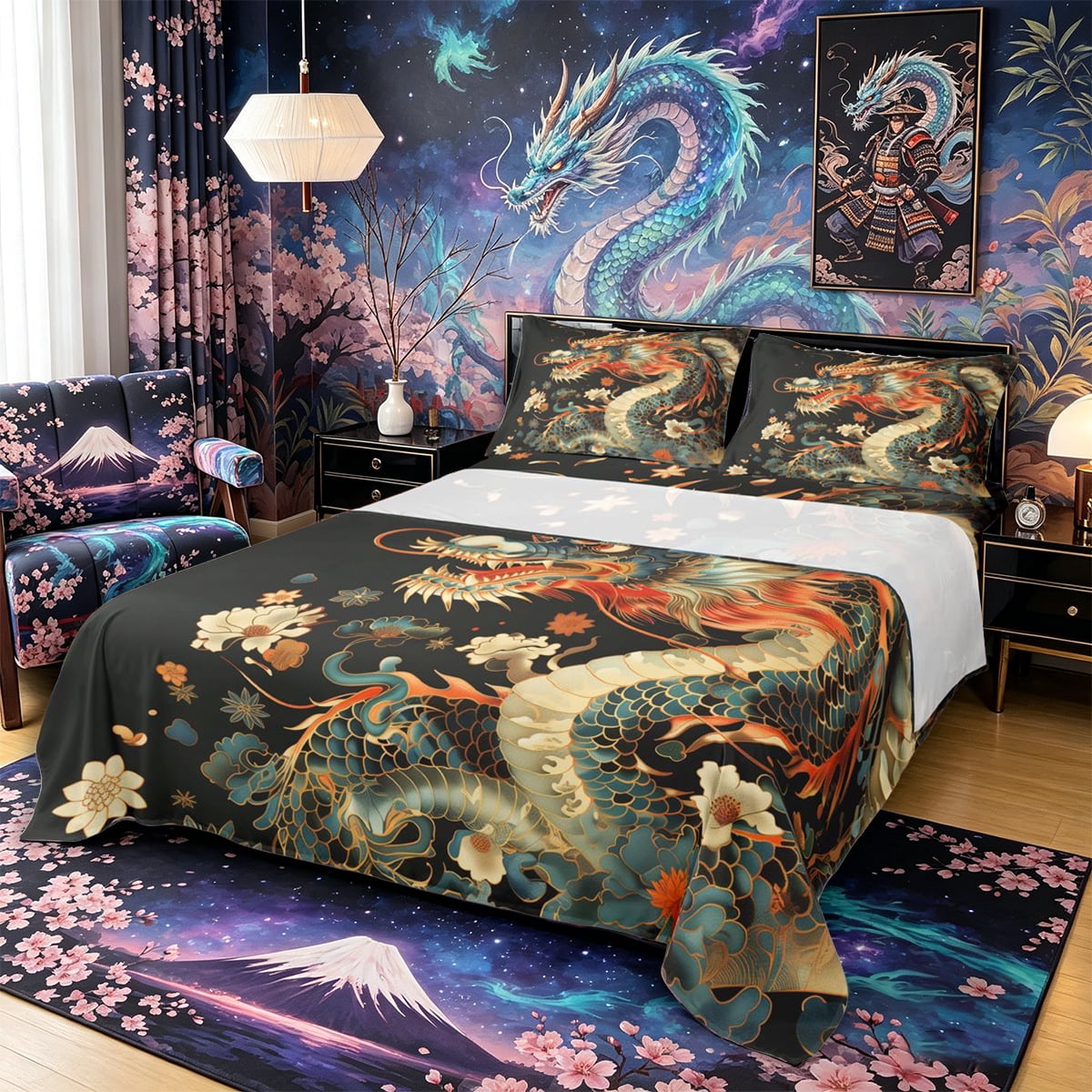 Aikeke Magical Dragon Bed Sheets 4-Piece, Japanese Style Floral Animal ...