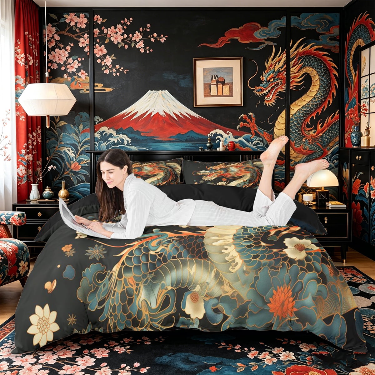 Aikeke Magical Dragon Duvet Cover Queen, Japanese Style Floral Animal ...