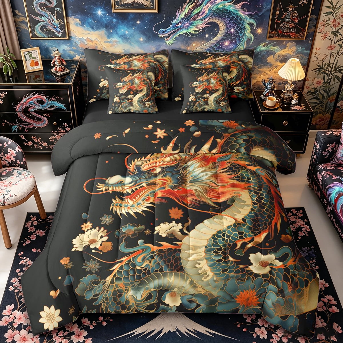 Aikeke Magical Dragon Full Size Bedding Sets 7 Pieces, Japanese Style ...
