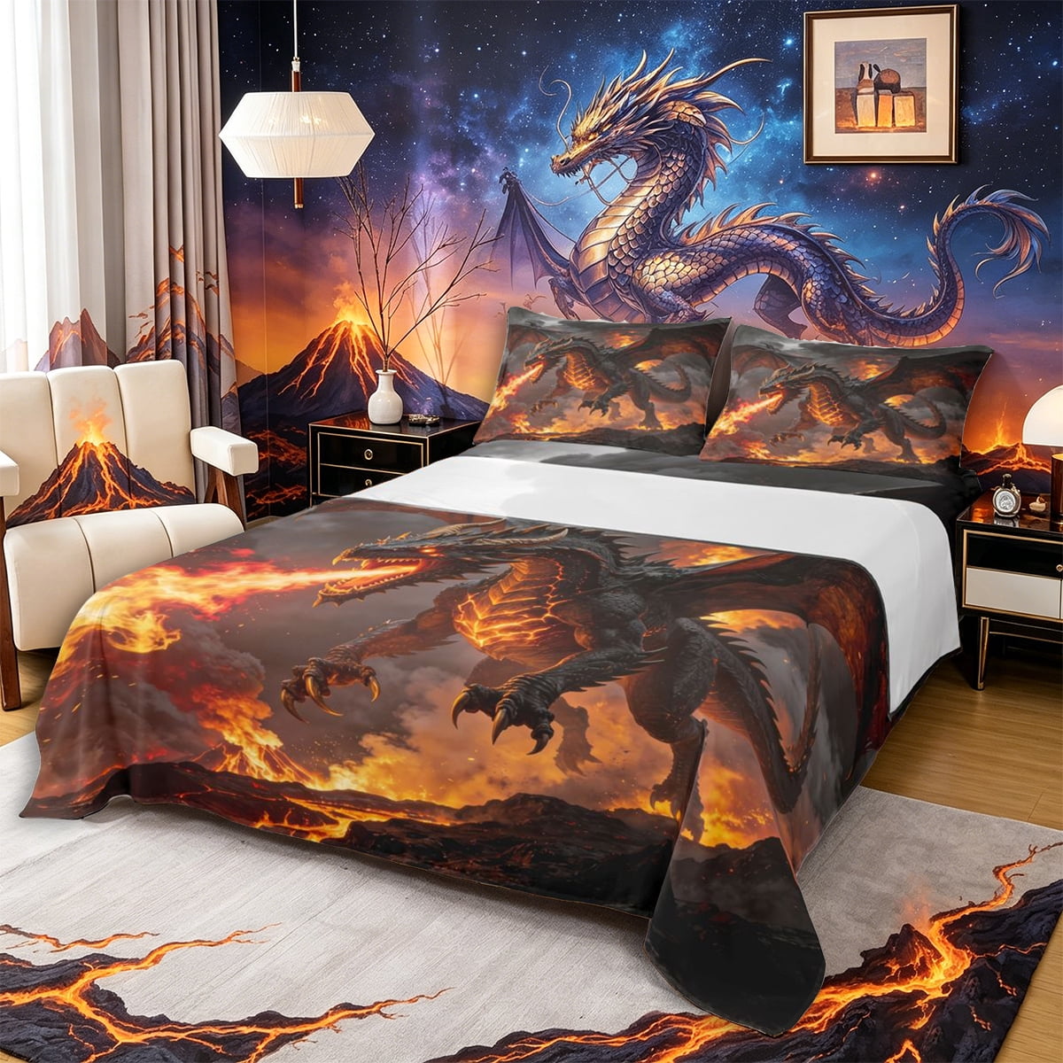 Aikeke Magical Dragon Queen Sheets 4 Pieces, Abstract Flame Queen Sheet ...