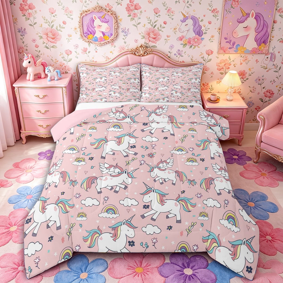 Aikeke Magical Floral Unicorn King Size Comforter Sets 3pcs, Cartoon ...
