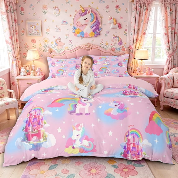 Aikeke Magical Horse Duvet Cover Queen, Princess Castle Rainbow Unicorn ...
