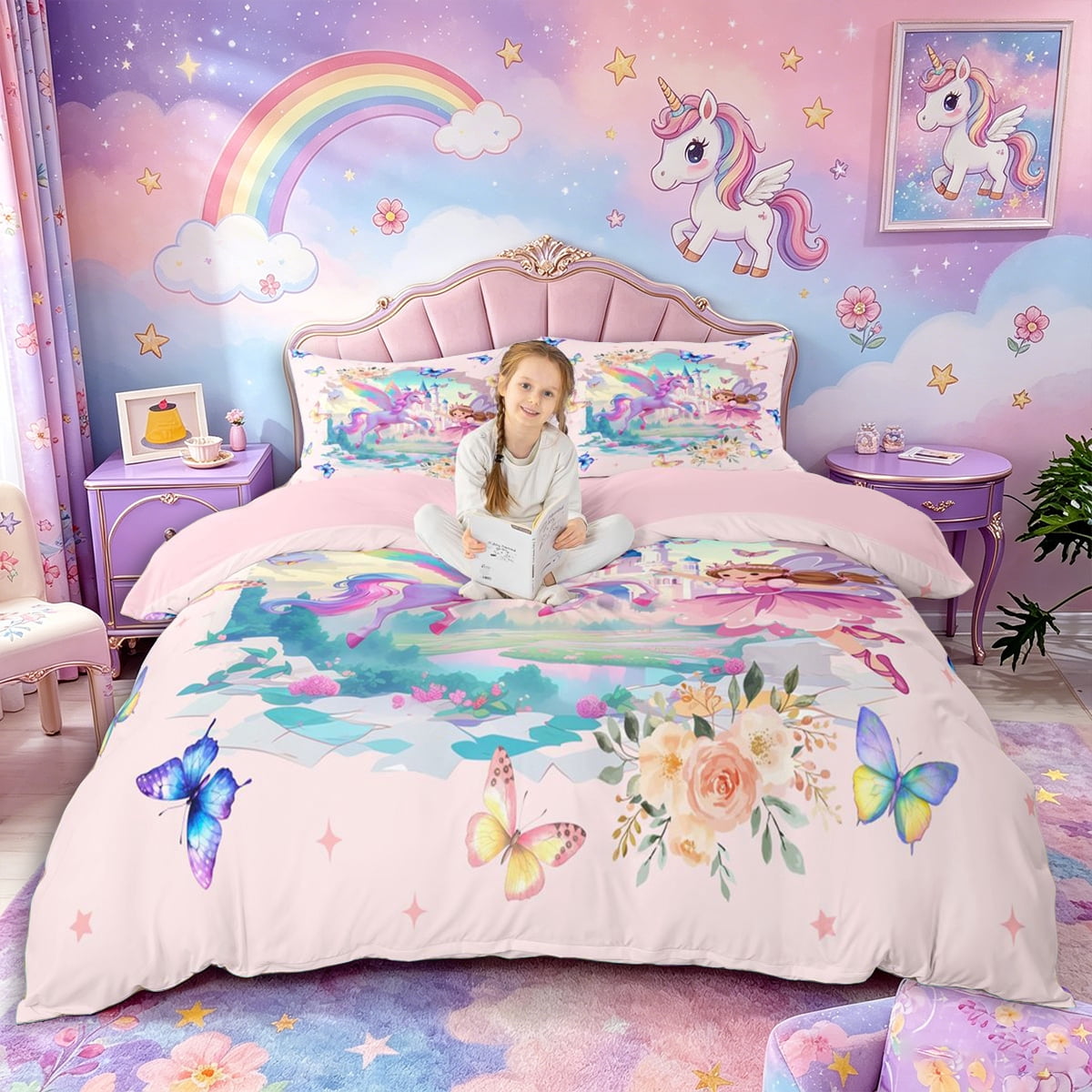 Aikeke Magical Horse Elf Duvet Cover Queen, Princess Castle Butterfly ...