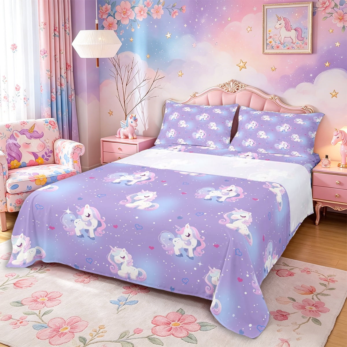 Aikeke Magical Horse King Sheets 4pcs, Starry Sky Bedding, Purple Pink ...