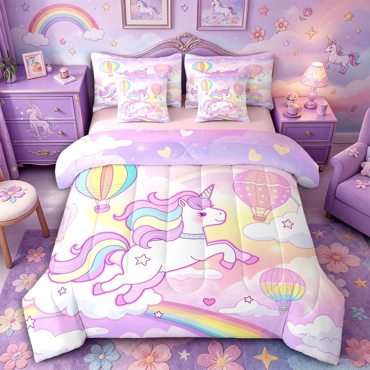 Aikeke Magical Horse Queen Bedding 7pcs, Cute Unicorn Rainbow Hot Air ...
