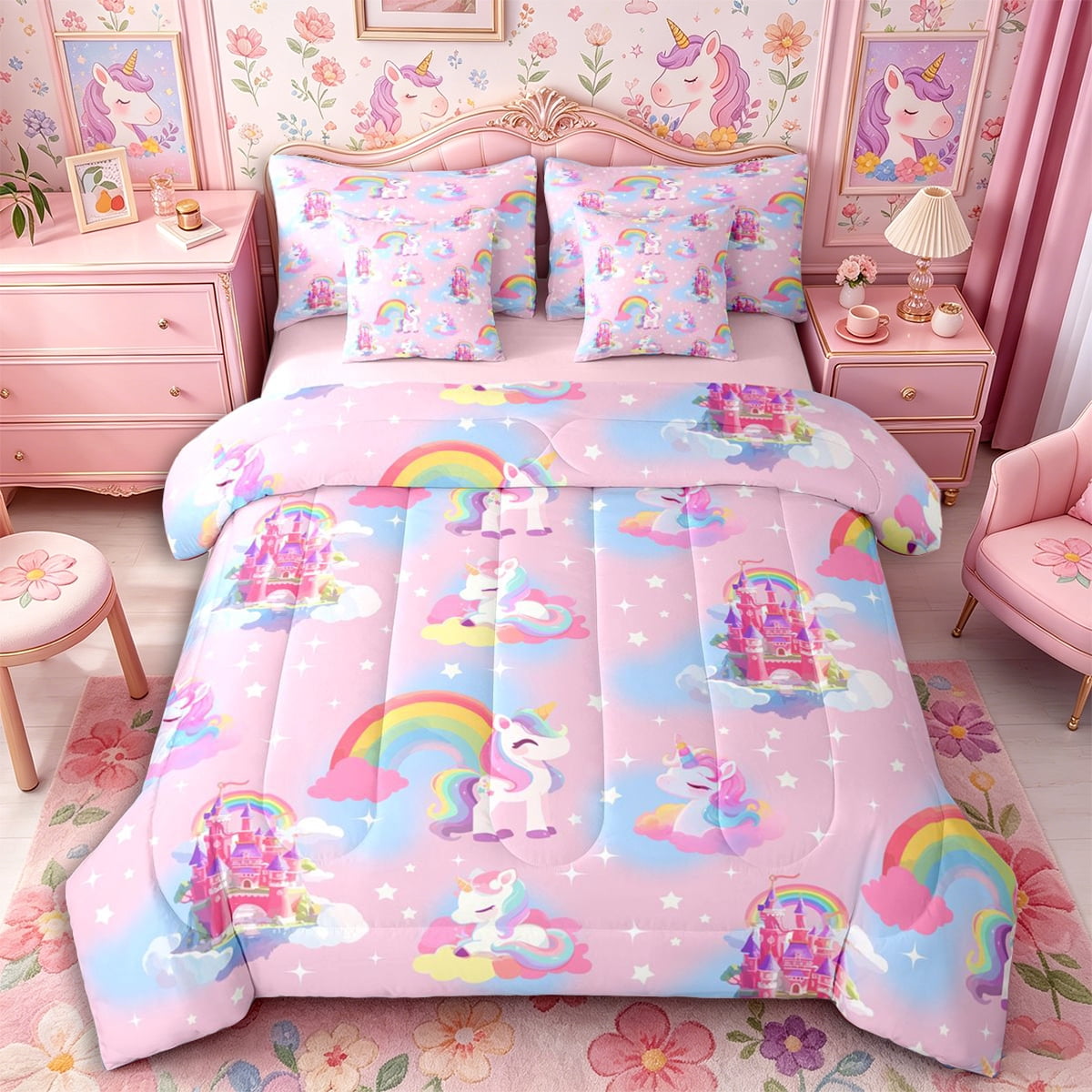 Aikeke Magical Horse Queen Bedding 7pcs, Princess Castle Rainbow ...