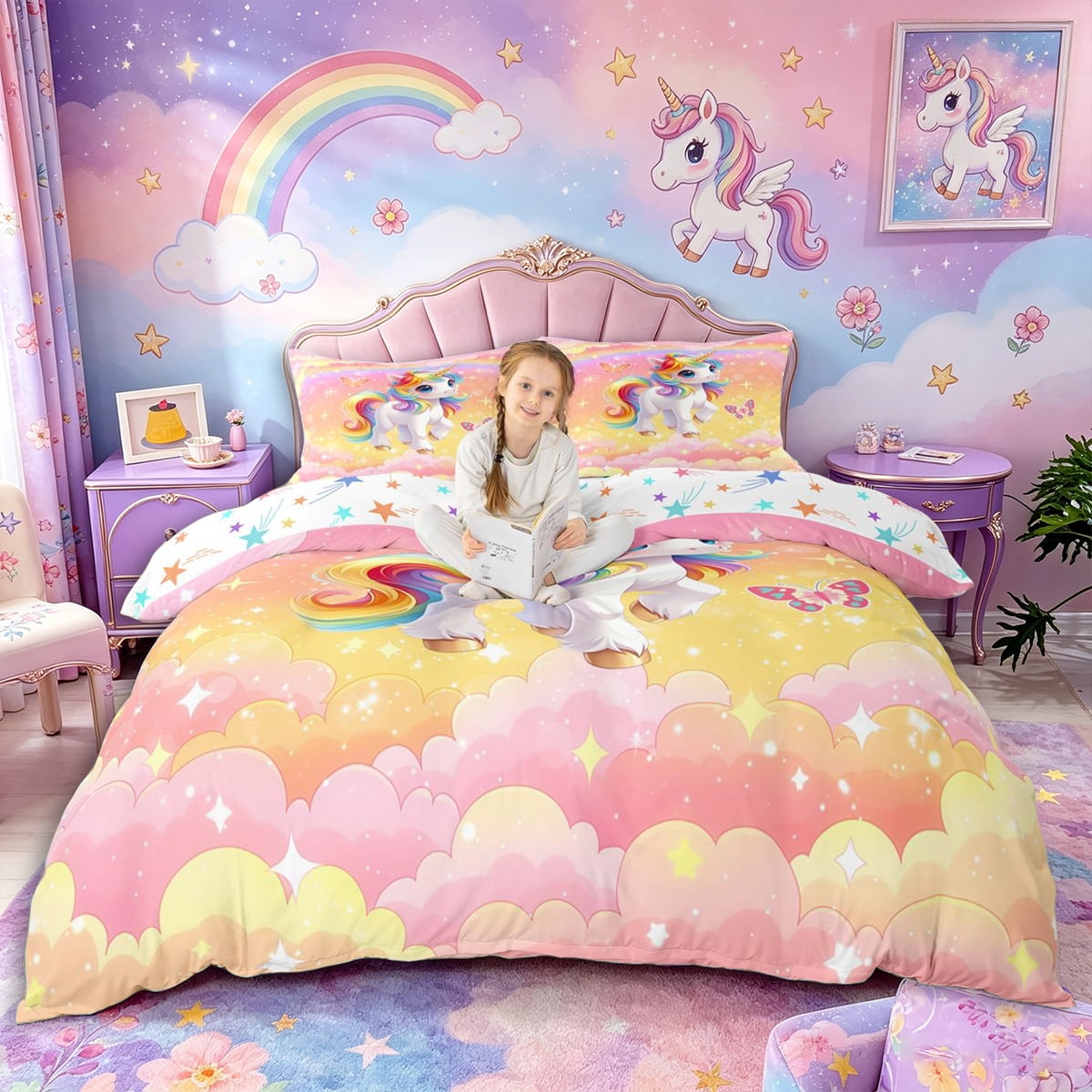 Aikeke Magical Horse Unicorn Bedding, Gradient Rainbow Butterflies ...