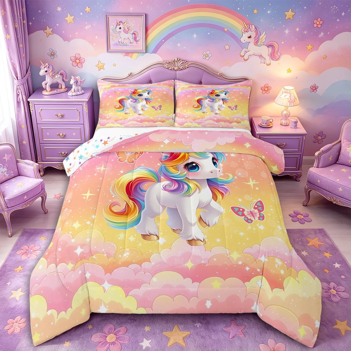 Aikeke Magical Horse Unicorn Queen Comforter Set 3 Pieces, Gradient ...
