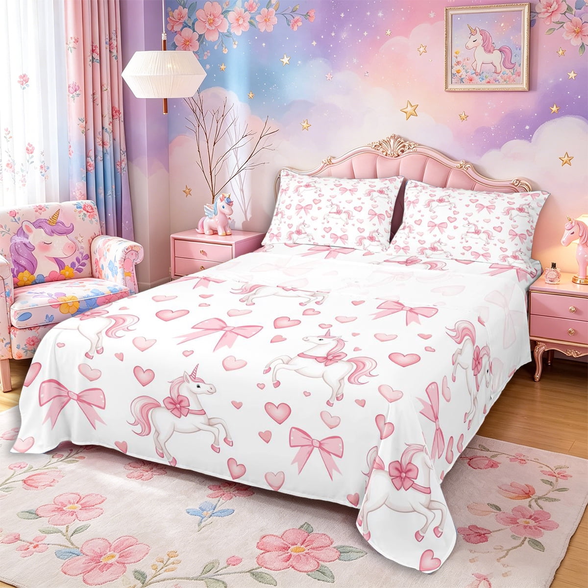 Aikeke Pink Bow Unicorn Bed Sheets 4-Piece, Romantic Love Heart Full ...