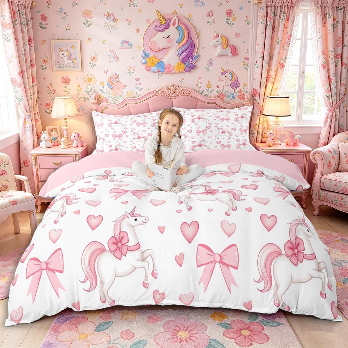 Aikeke Pink Bow Unicorn Duvet Cover King, Romantic Love Heart King ...
