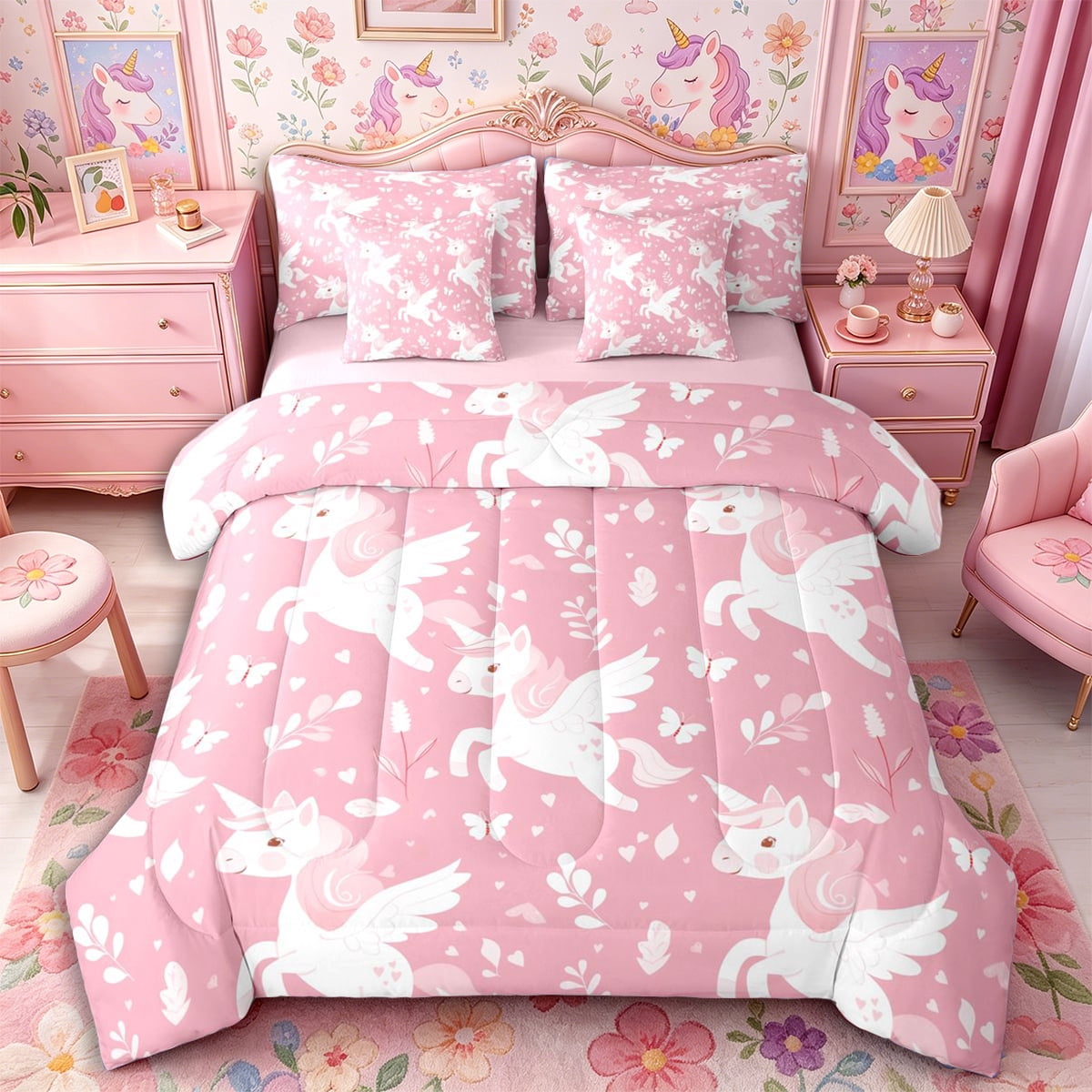 Aikeke Pink Unicron King Bedding 7pcs, Butterfly Flowers King Bed in a ...