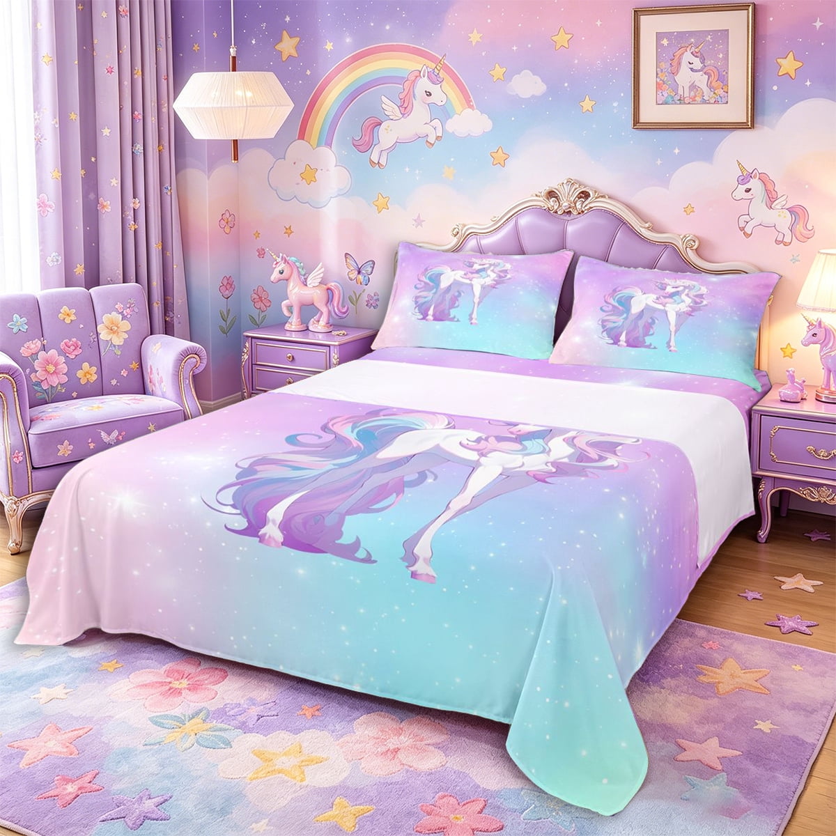 Aikeke Princess Unicorn King Sheets 4pcs, Dreamy Gradient Starry Sky ...