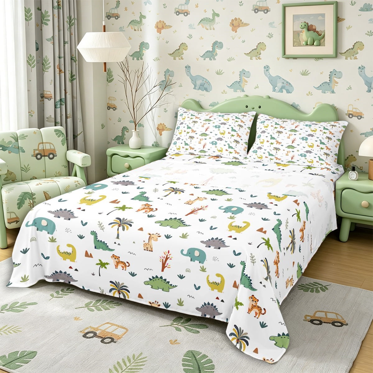 Aikeke Safari Dino Elephant Giraffe King Sheets 4pcs, Cartoon Animal ...