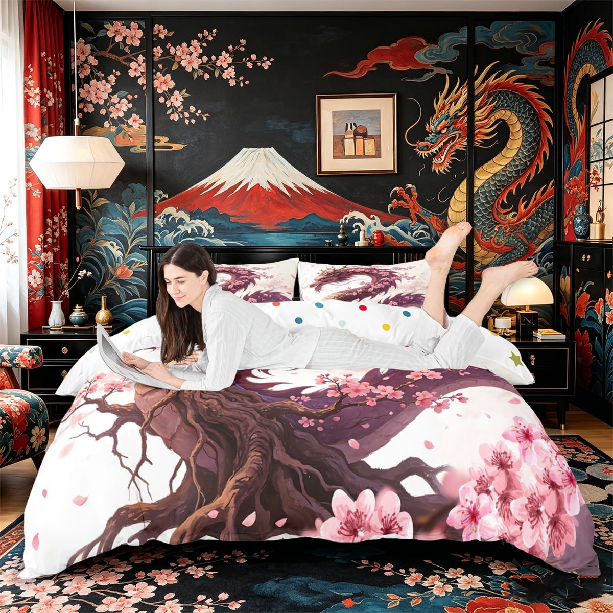 Aikeke Sakura Dragon Bedding, Japanese Style Cherry Blossom Duvet Cover ...