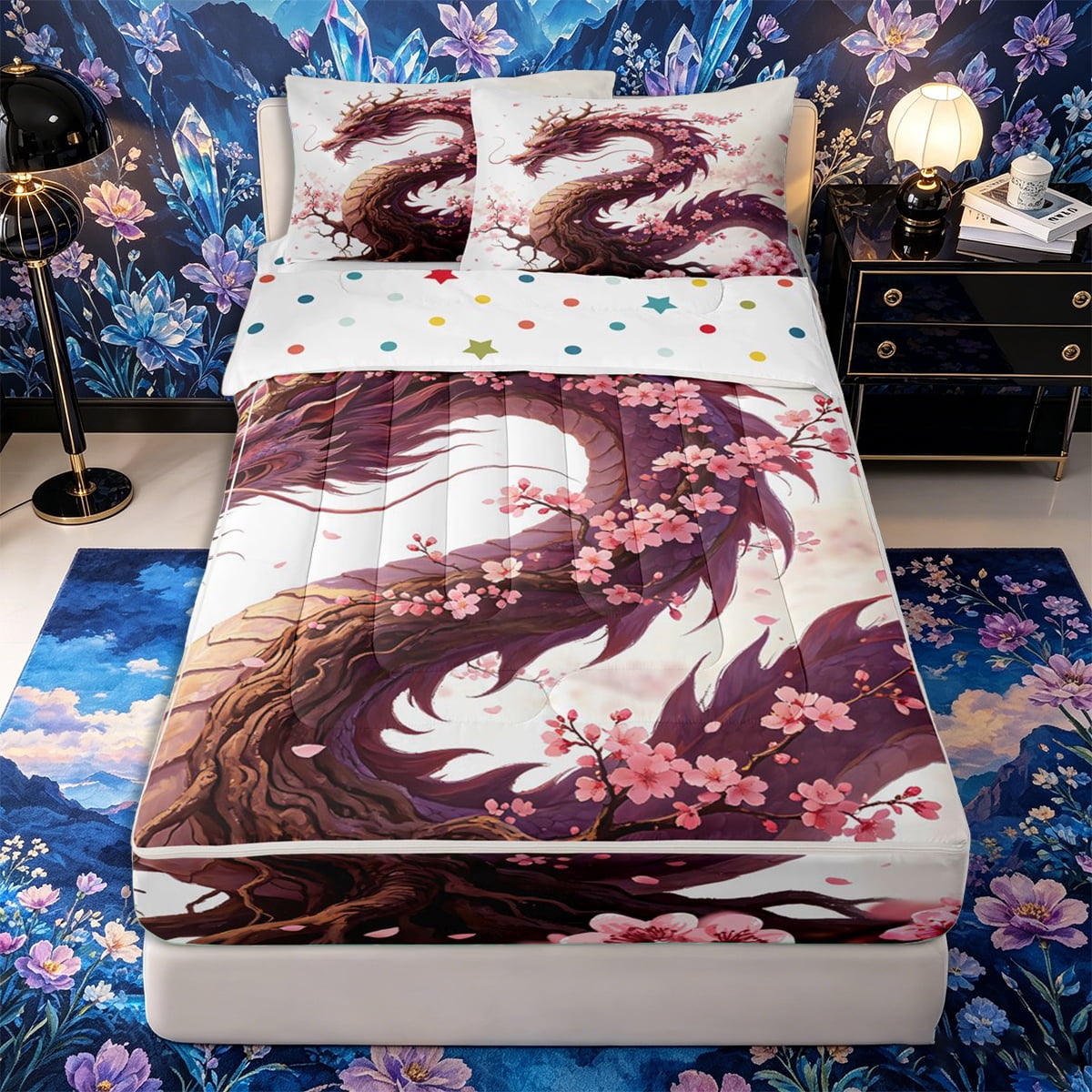Metsweet Sakura Dragon Zipper Full Size Comforter Sets with Fitted ...