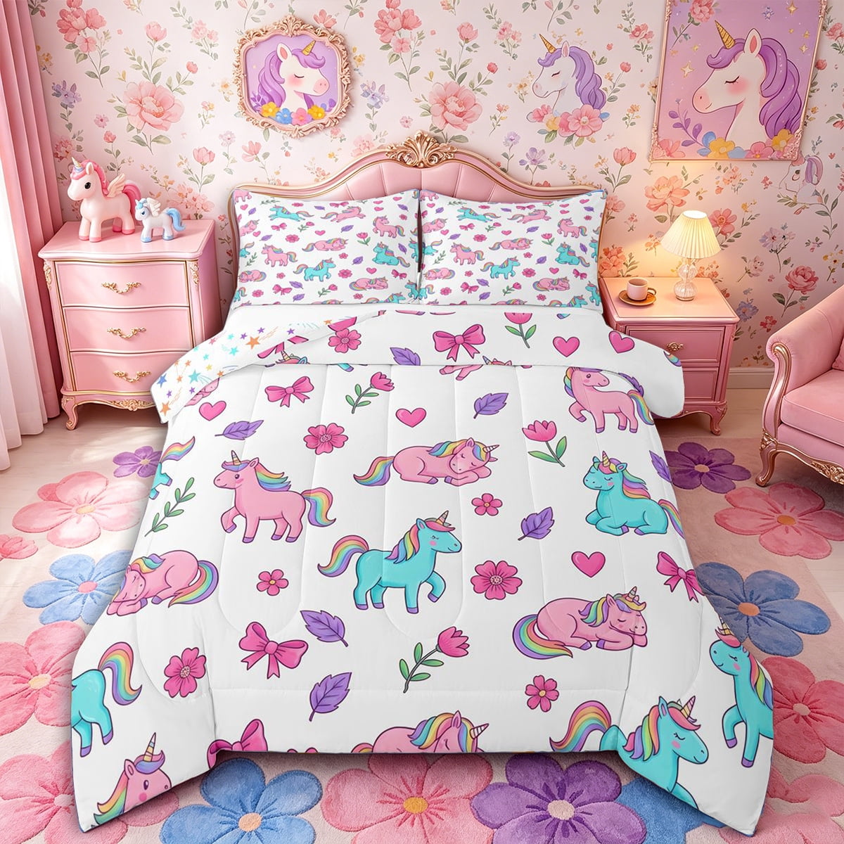 Aikeke Sweet Unicorn Full Size Comforter Sets 3-Piece, Cartoon Bow ...