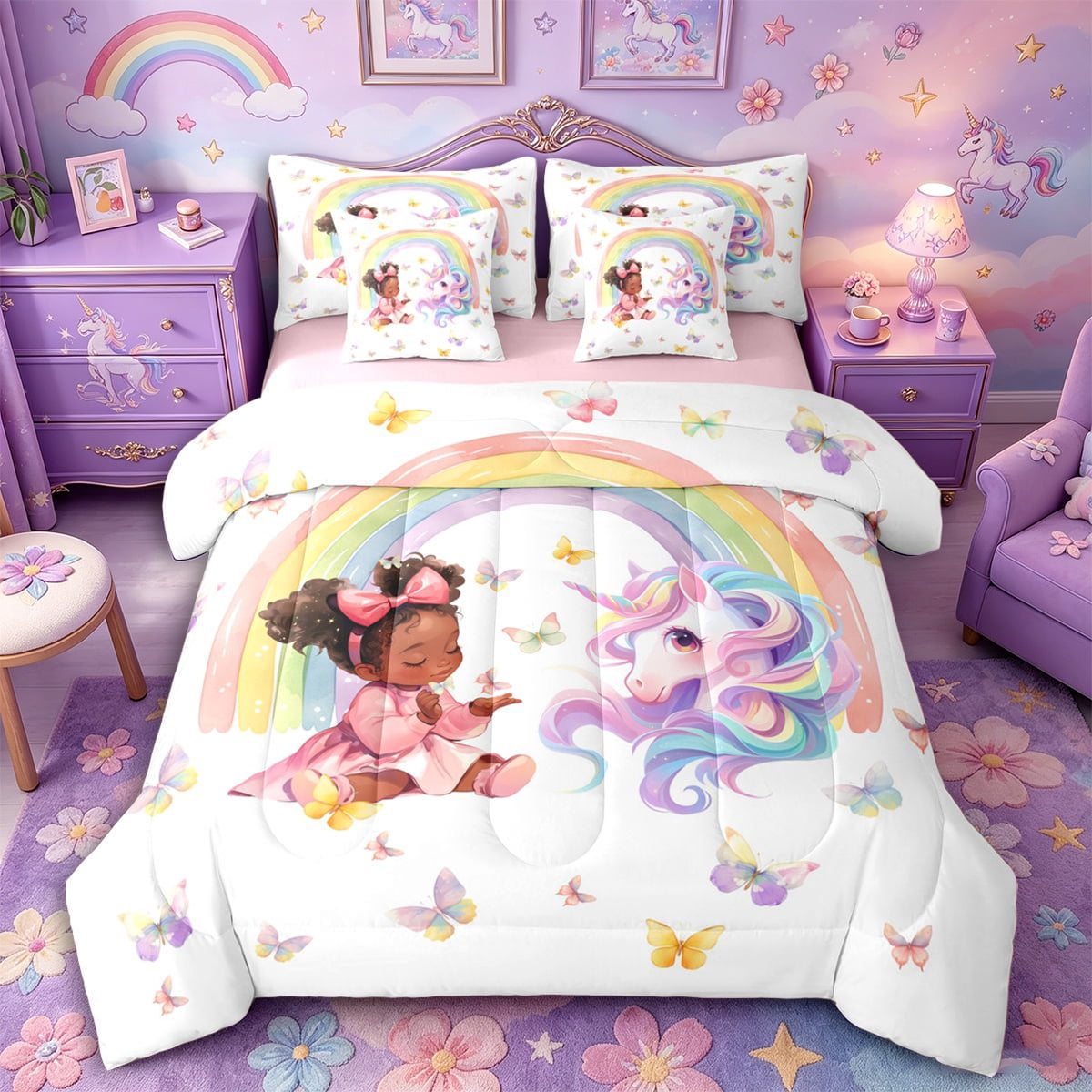 Aikeke Sweet Unicorn Rainbow Twin Bedding 7-Piece, Flying Butterflies ...