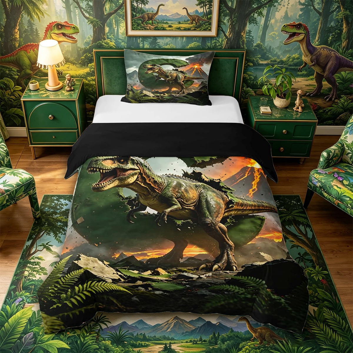 Aikeke Tyrannosaurus Rex Initial C Twin Duvet Cover, Volcano Dinosaur ...