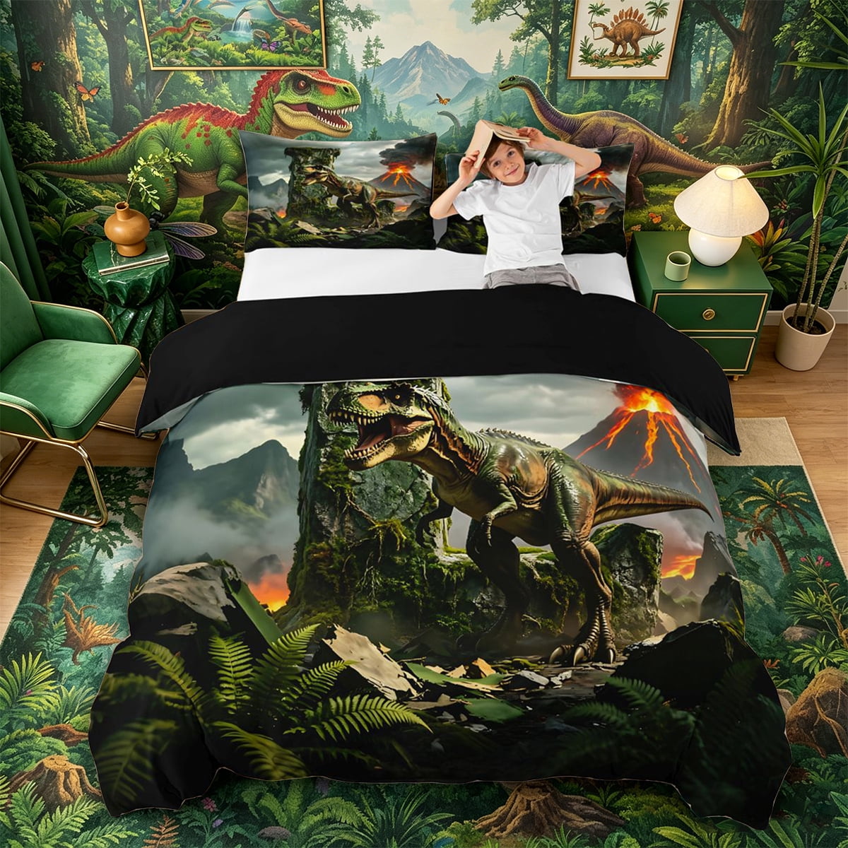 Aikeke Tyrannosaurus Rex Initial L Duvet Cover Queen, Volcano Dinosaur ...