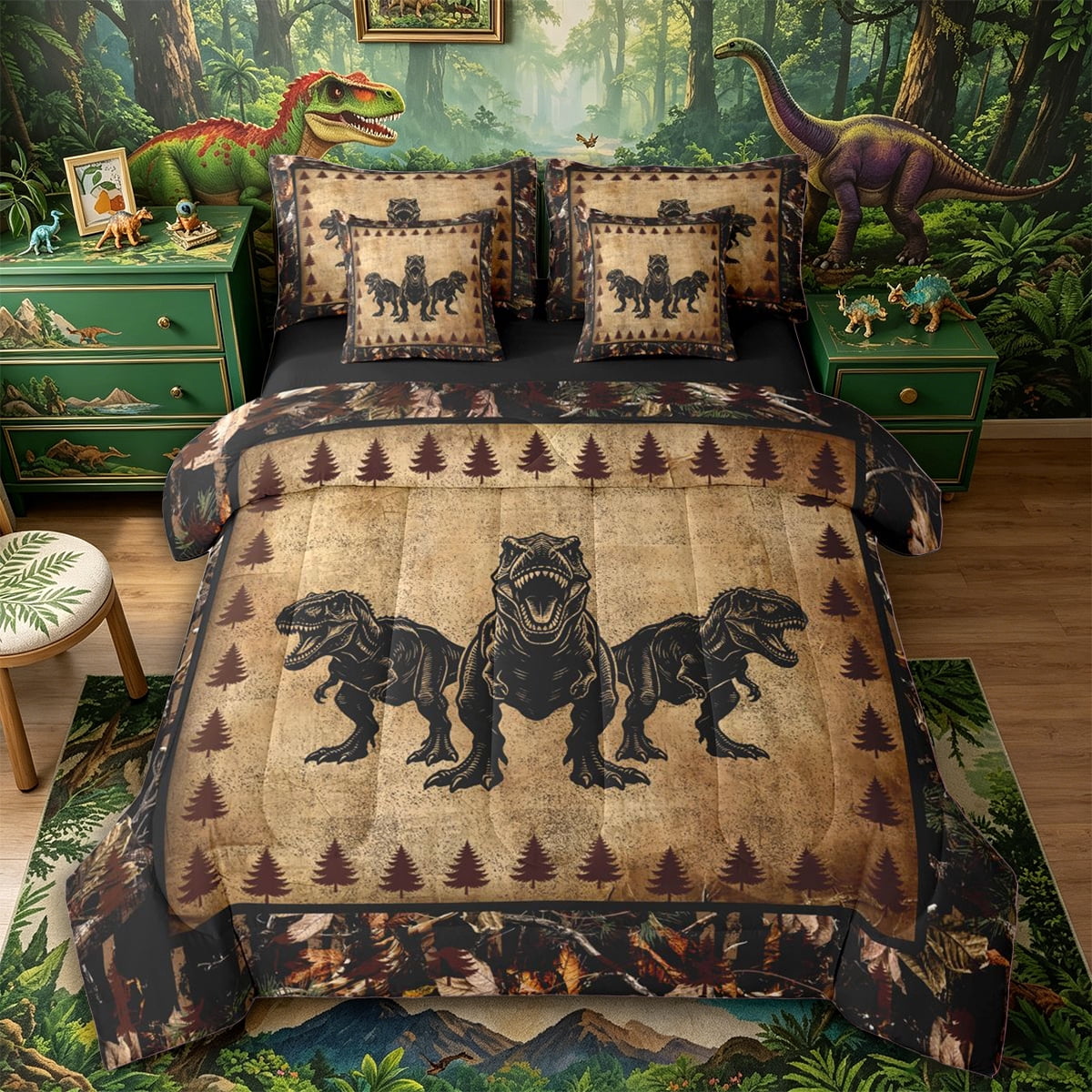 Aikeke Vintage Dino T-Rex Queen Bedding 7pcs, Rustic Animal Bedding ...