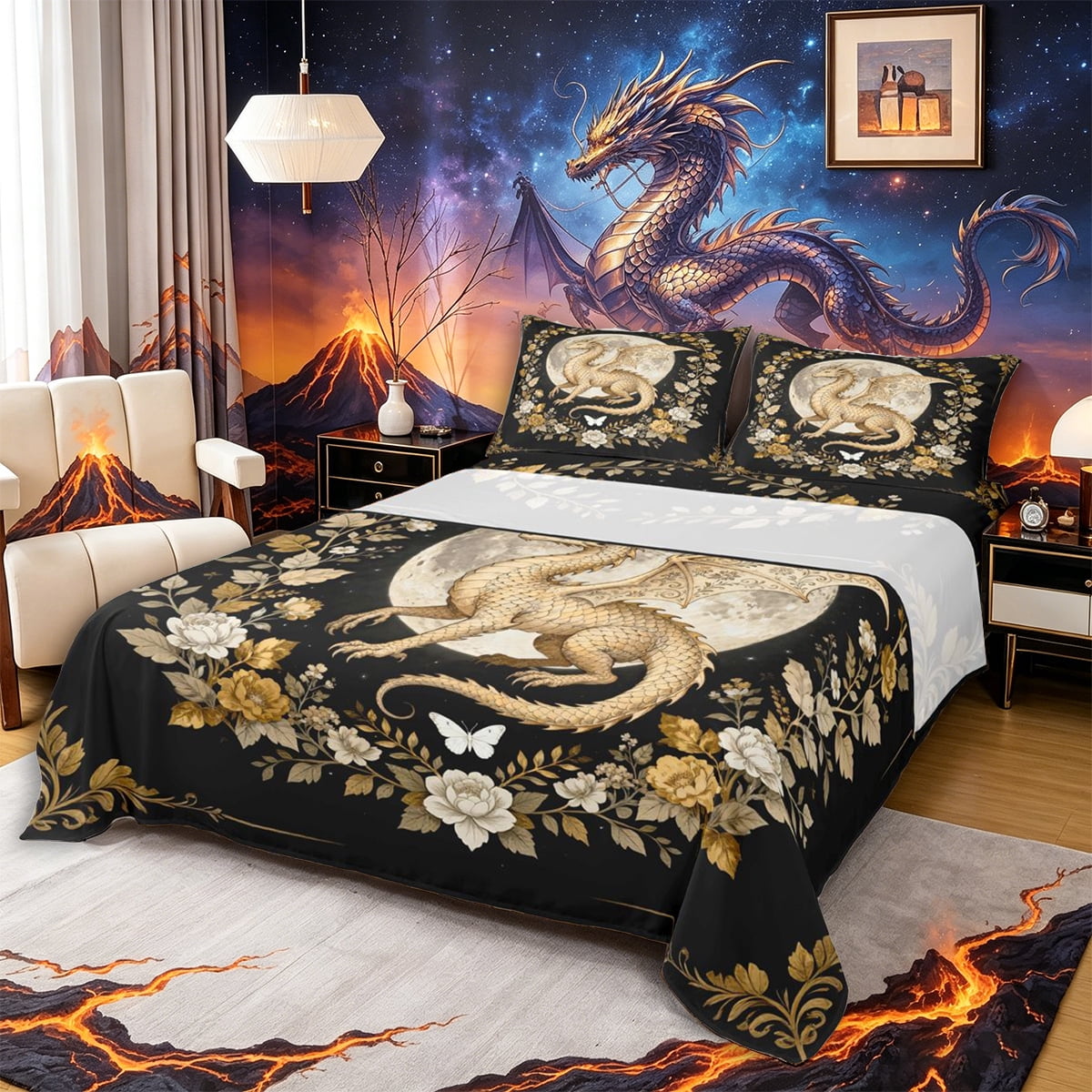 Aikeke Vintage Dragon King Sheets 4pcs, Gothic Moon Floral Bedding ...
