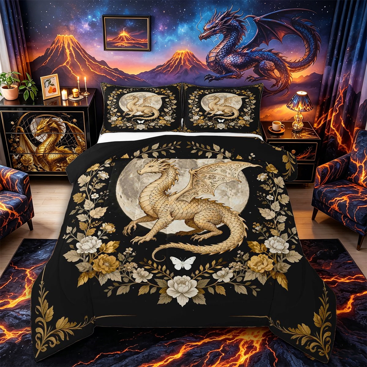 Aikeke Vintage Dragon Queen Comforter Set 3 Pieces, Gothic Moon Floral ...