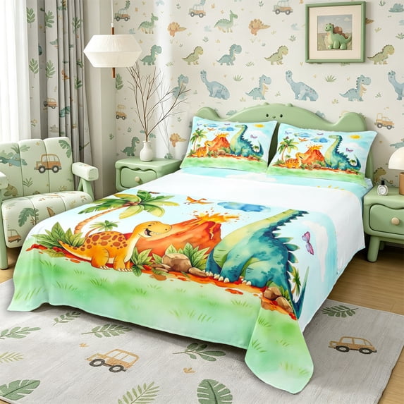Aikeke Watercolor Dinosaur Bed Sheets 4-Piece, Cartoon Jungle Animal ...